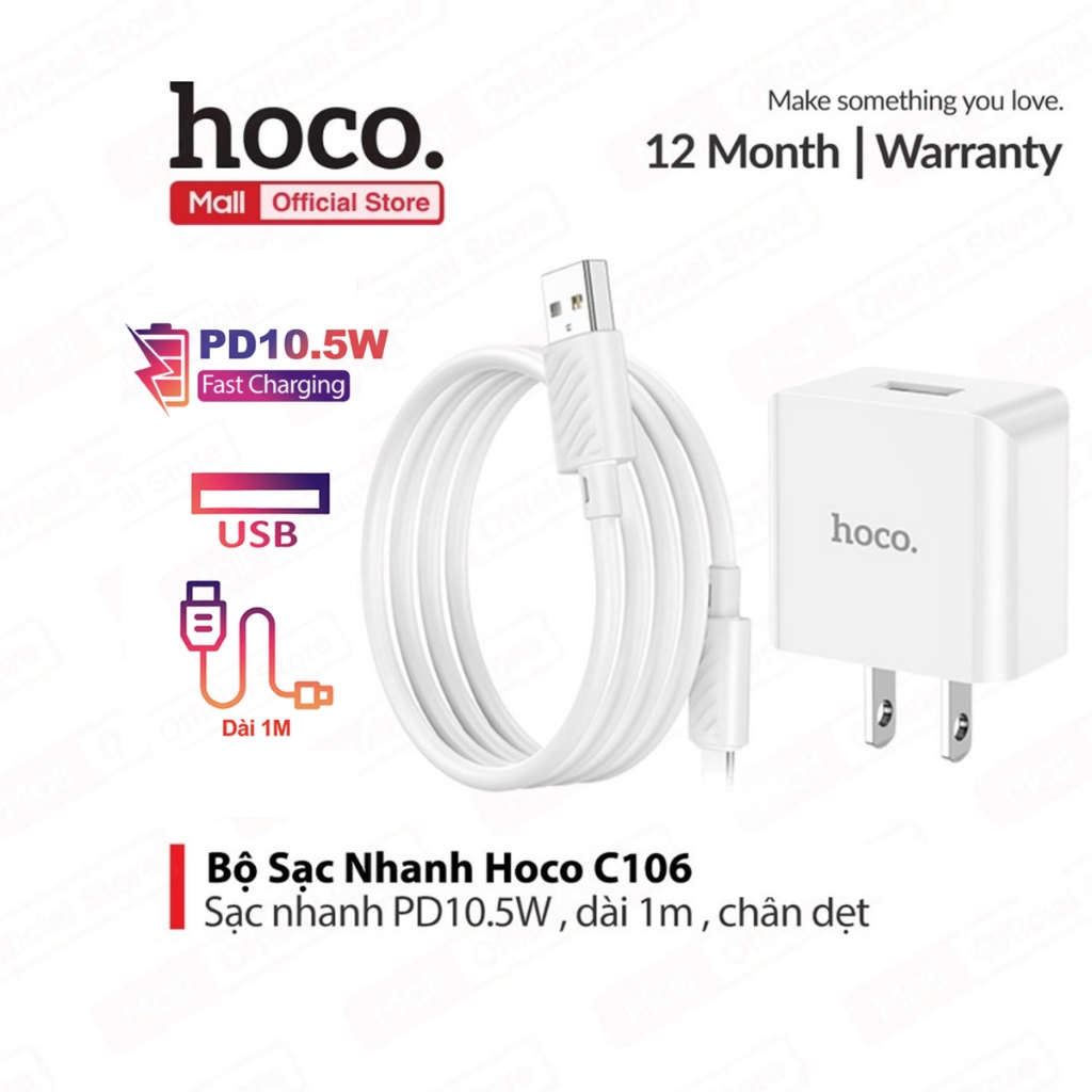 Bộ sạc nhanh Hoco C106 PD10.5W 5V/2.1A USB to IP dùng cho ip6/7/8/X/11/12/13/14,dây siêu bền ...