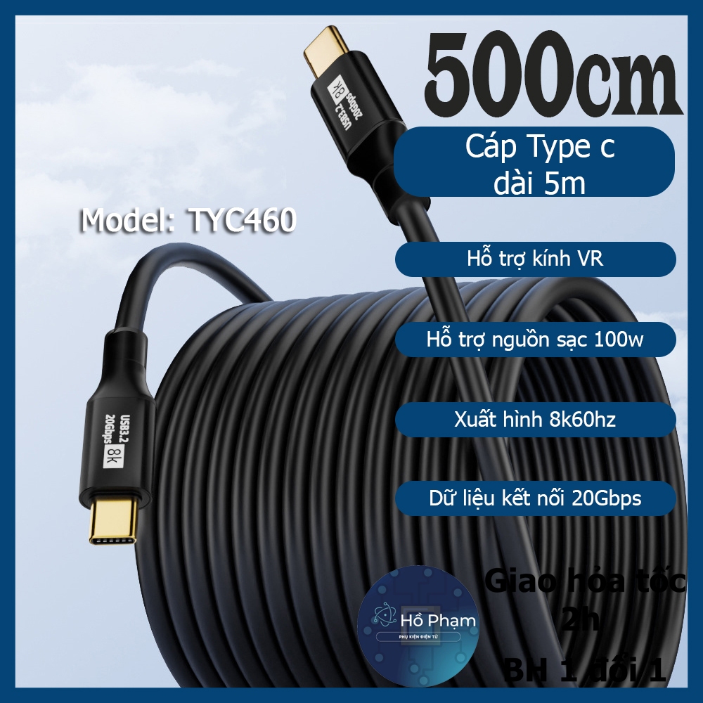 Cáp Type c chip EMark dài 5m hỗ trợ xuất hình 8k60hz, sạc PD 100w, dữ ...