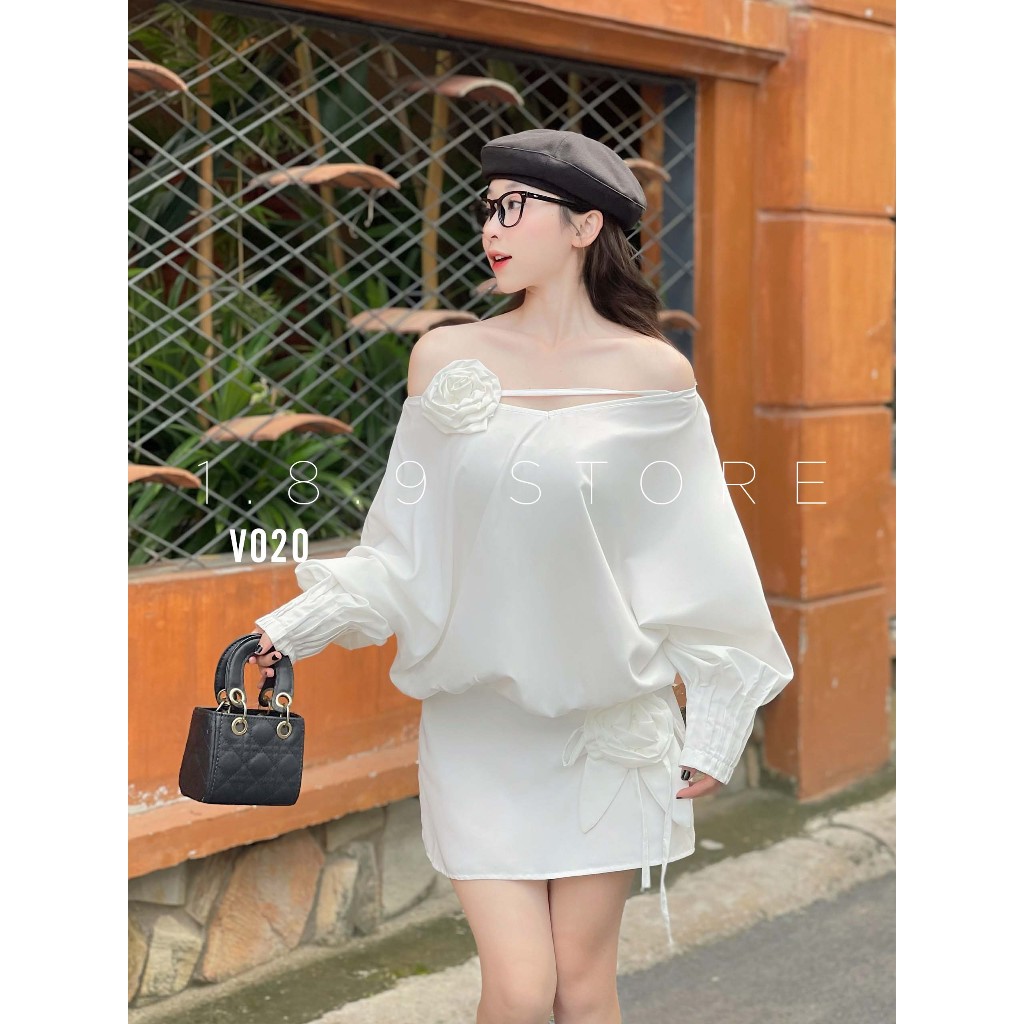 Set váy nữ trễ vai tay bồng kèm hoa siêu xinh, váy thiết kế dài tay phồng bo chun - 189Boutique ...