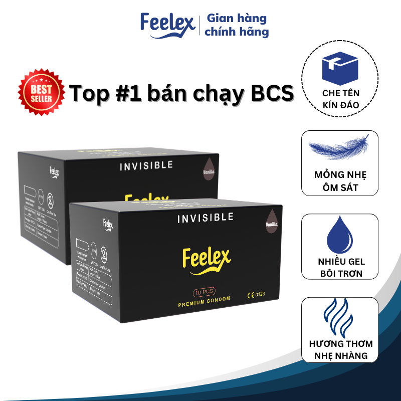 Combo 2 hộp bao cao su Feelex Invisible siêu mỏng, nhiều gel bôi trơn ...