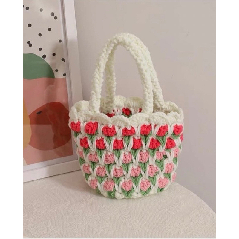 túi len hoa tulip, túi len handmade hoa tulip, túi len móc hoa tulip ...