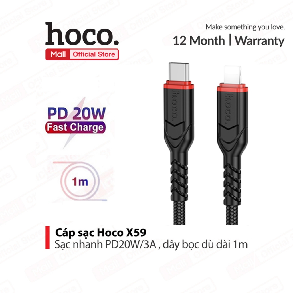 Cáp sạc Hoco X59 Typec to IP PD20W 3.0A dùng cho ip6/7/8/X/11/12/13/14 dây dù siêu bền dài 1M ...