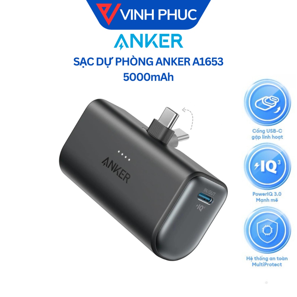 Sạc dự phòng Anker Nano 22.5W 5000mah A1653, kèm cổng sạc USB-C có thể ...