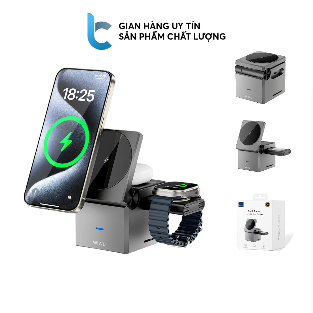 Dock Sạc Không Dây WIWU Small Square 3in1 Wi-W030 Sạc Không Dây 15W Cho IP 15/14/13/12 Gấp Gọn ...