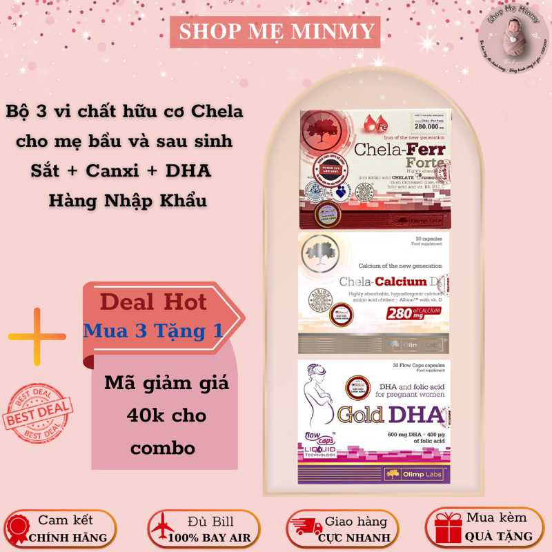 Combo vi chất mẹ bầu và sau sinh: Sắt Chela-Ferr Forte+Gold DHA+ Canxi ...