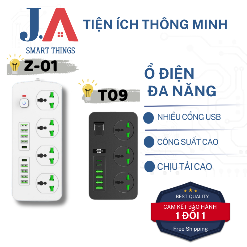 Ổ Cắm Điện Z01, T09 J.A OFFICIAL, 4 Ổ Cắm, 8 Cổng USB, 2 Type C PD Chịu ...