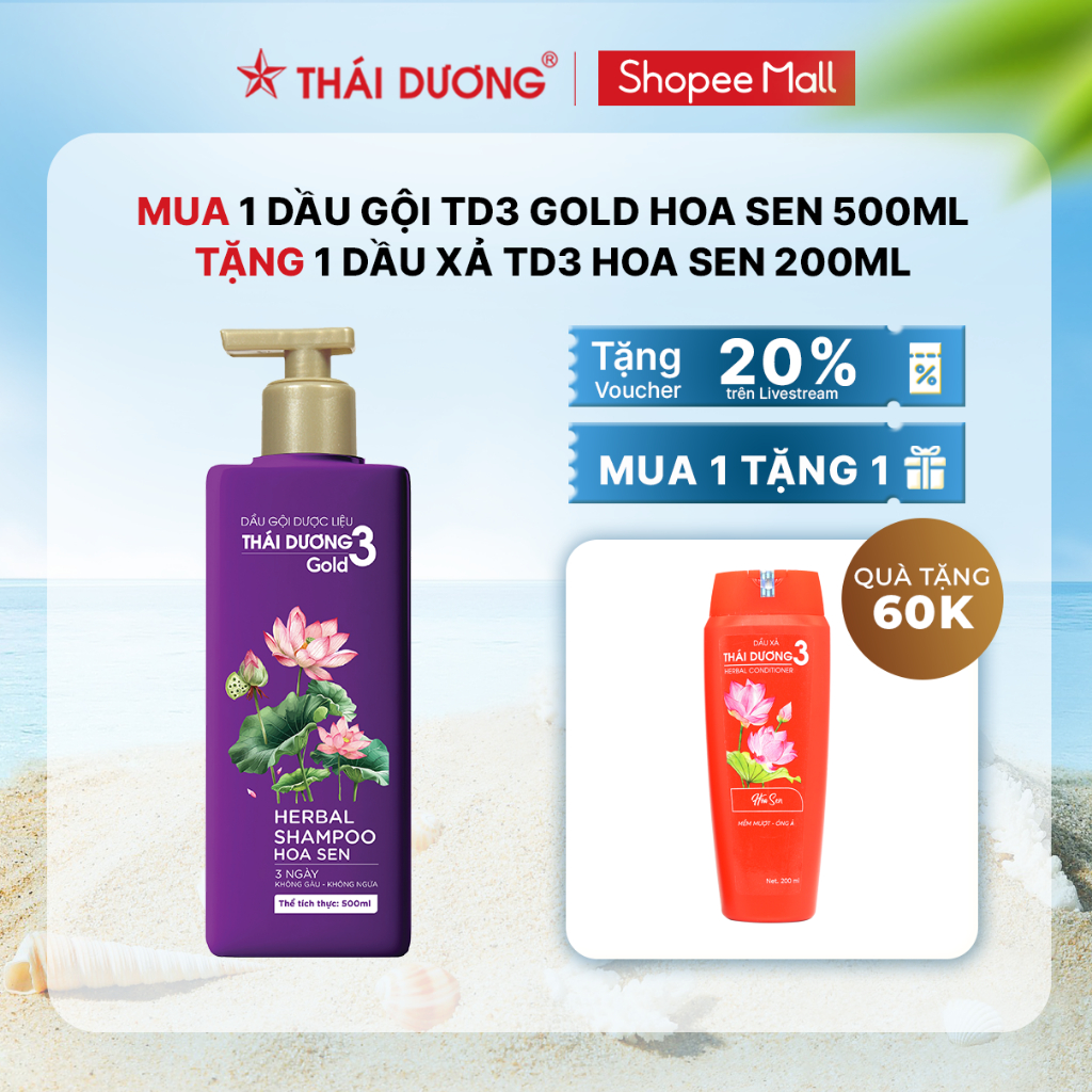 [SALE 12-12 ] Dầu gội Thái Dương 3 Gold hoa sen 500ml dành cho tóc rụng tặng dầu xả thái dương 3 ...