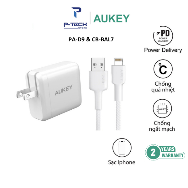 Combo bộ sạc Aukey PA-D9 và cáp sạc CB-BAL7 sạc nhanh, nhỏ gọn dành cho ...