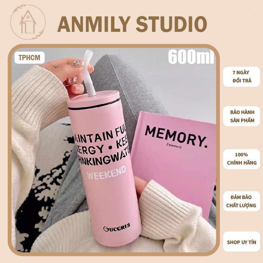 Bình giữ nhiệt GUCGRES CAO 600ML dễ thương có ống hút kèm theo thép ...