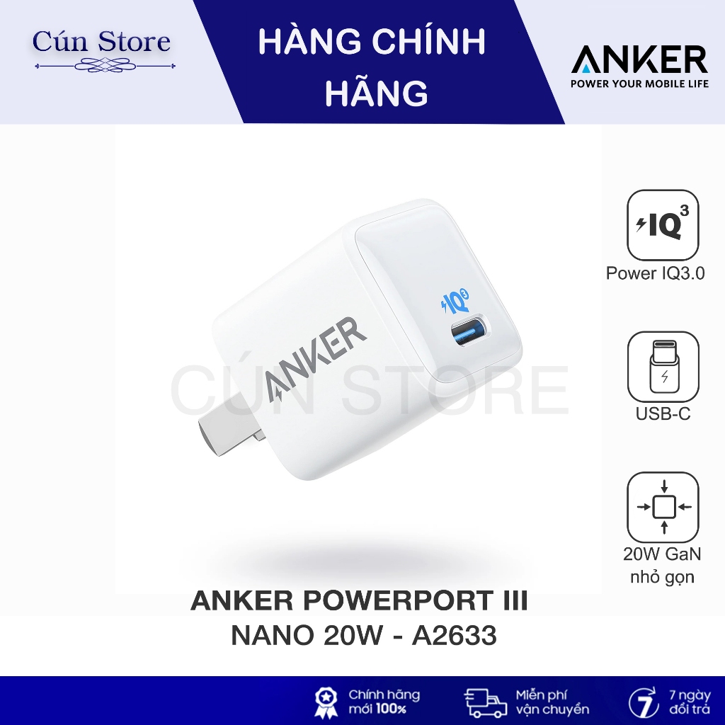 Củ sạc nhanh Anker 20W PowerPort III Nano IQ3 - A2633 siêu nhỏ gọn ...