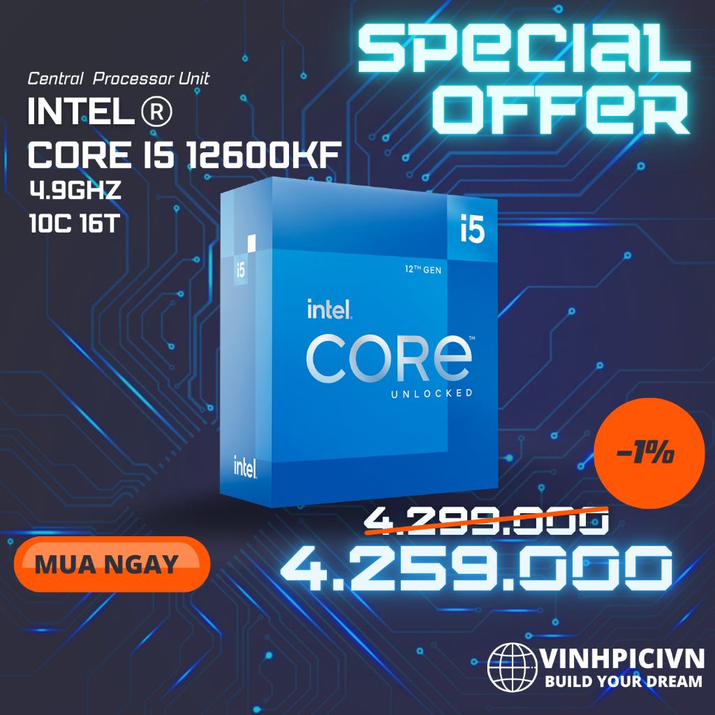 Cpu Intel Core I5 12600kf 3 7ghz Turbo 4 9ghz 10 Nhân 16 Luồng 20mb Lga 1700 [new