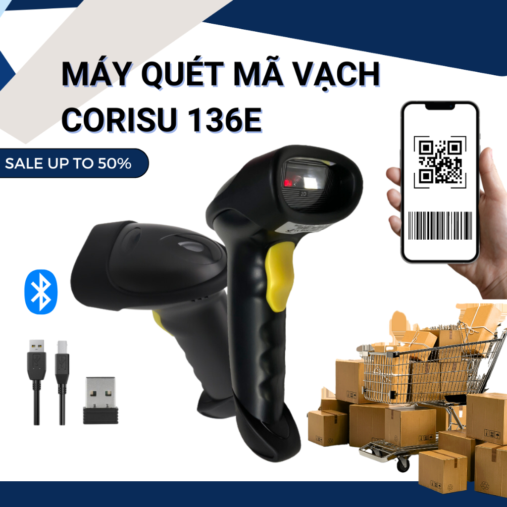 Máy Quét Mã Vạch CORISU 136E không dây quét mã qr, 1d, 2d độ bền cao dễ dàng sử dụng bảo hành 12 ...