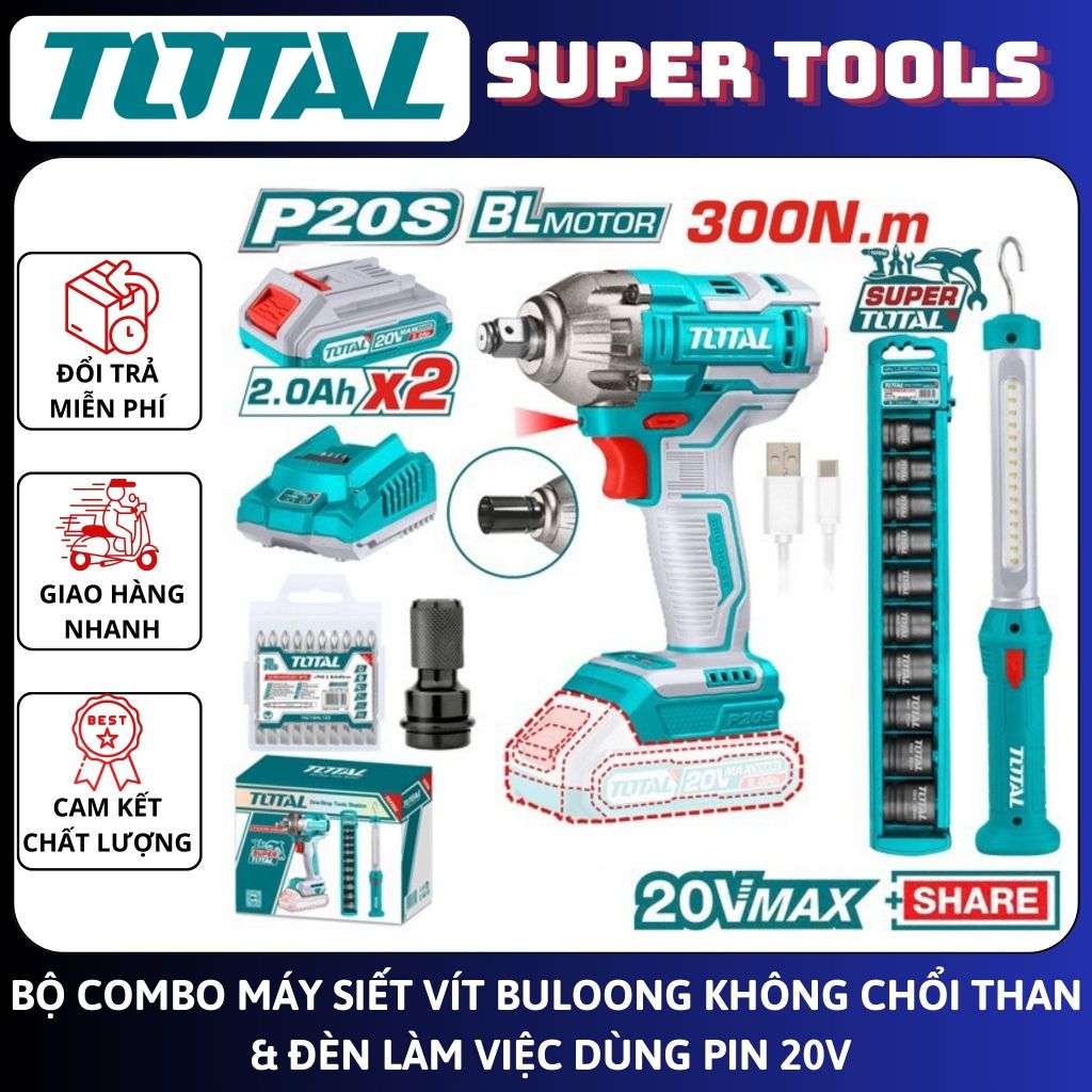 TOTAL Bộ máy siết buloong không chổi than TIWLI2038 &đèn làm việc ...