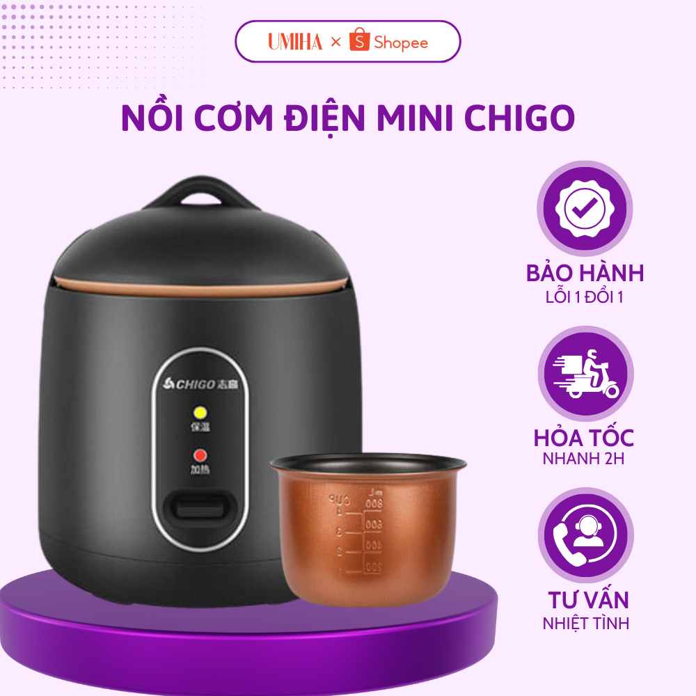 Nồi cơm điện mini đa năng Chigo dung tích 1.2L công suất 600w nấu cháo súp hầm, thiết kế chống ...