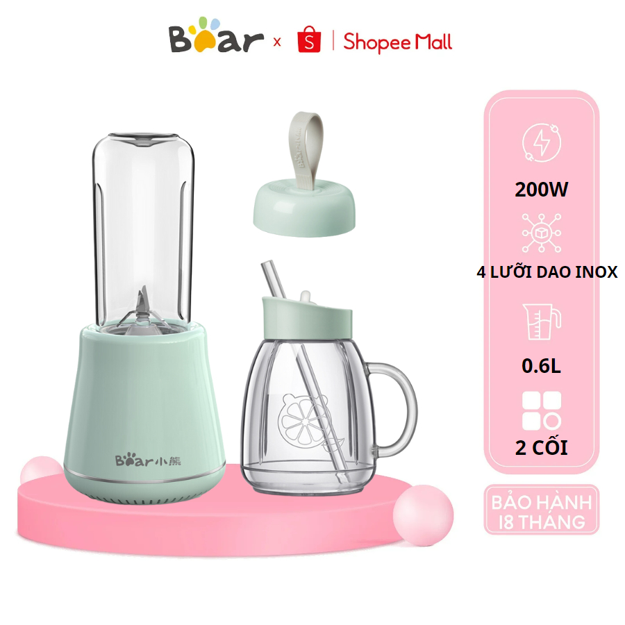 Máy xay sinh tố cầm tay mini đa năng Bear LLJ D04A1, 200W, 2 cối nhựa cao cấp, xay đá bi BH 18 ...