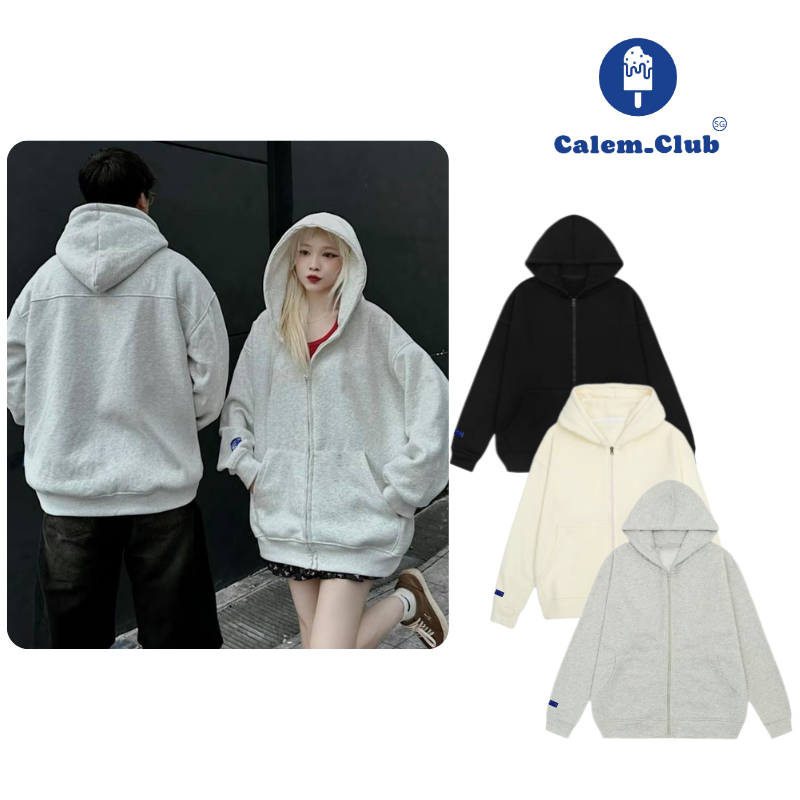 Calem club - Áo khoác Hoodie nỉ khoá zip tay phồng trơn form rộng ...