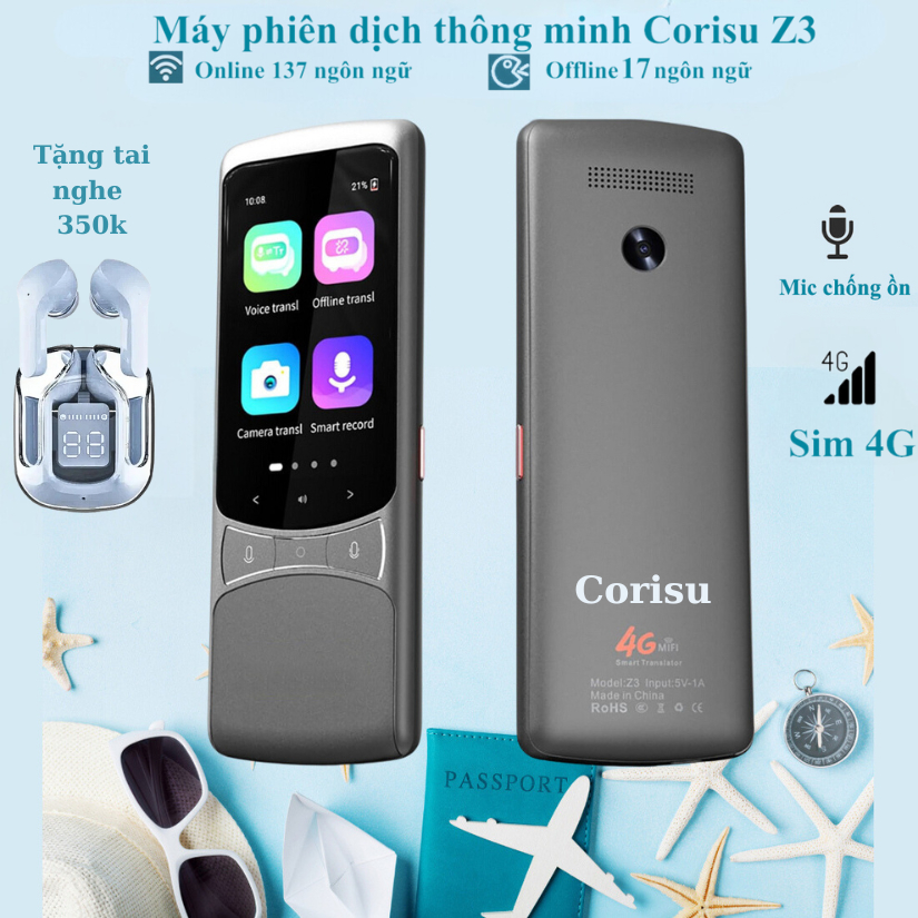 Máy phiên dịch Corisu Z3 hỗ trợ sim 4G, dịch giọng nói, dịch ảnh, 138 ngôn ngữ, trạm phát wifi ...