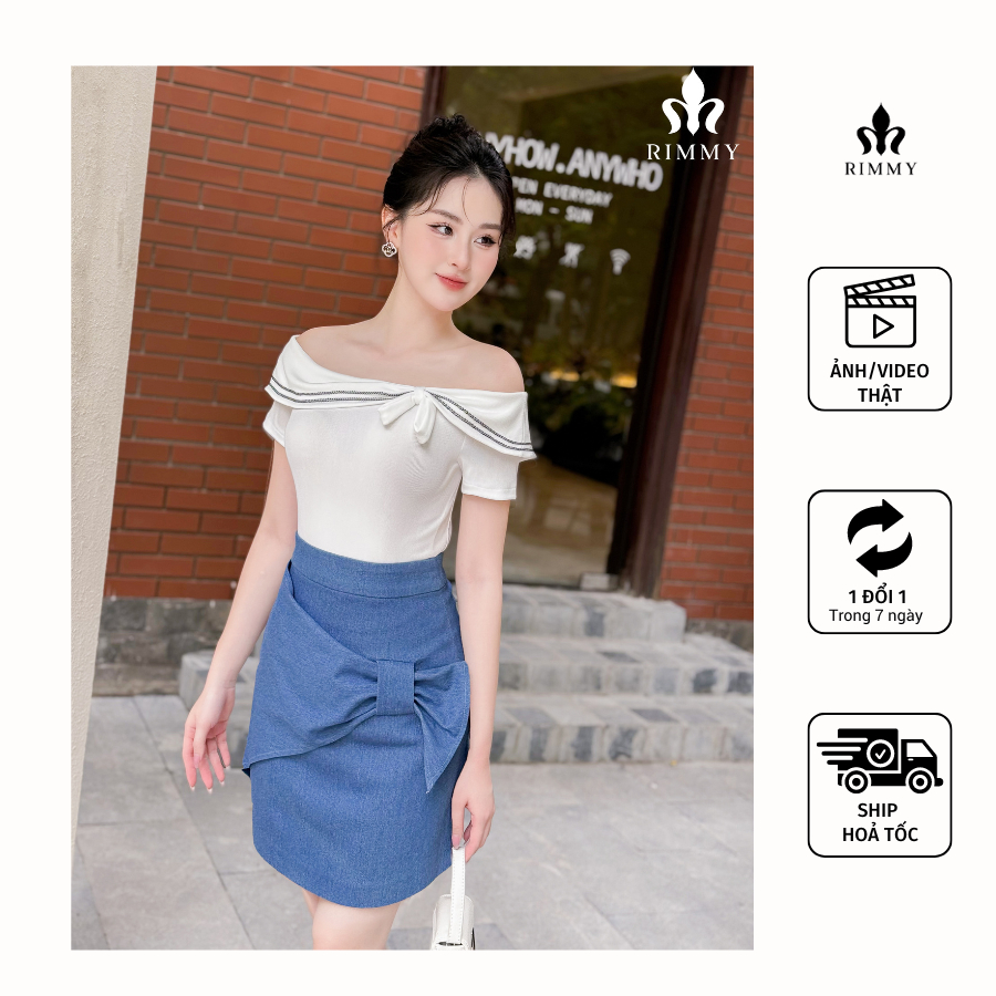 Áo thun thiết kế trễ vai đính nơ cách điệu chất thun mềm, mát hạn chế ...