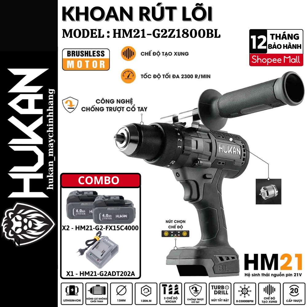 Máy Khoan Pin Hukan HM21-G2Z1800BL có Anti Kickback, Tạo Xung, Động Cơ ...