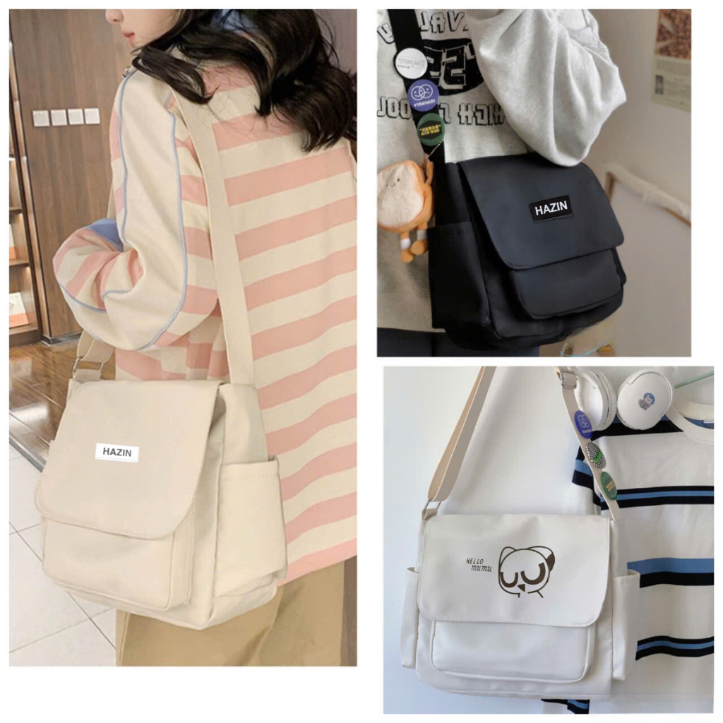 Túi đeo chéo 2 lớp nam nữ Hello mumu đi học vải canvas túi đeo vai ...