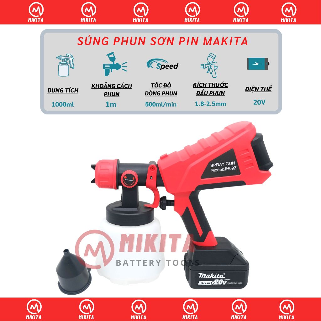 Máy Phun Sơn Cầm Tay Dùng Pin 18V - 21V MAKITA Spray Gun JH09, Chân Pin ...