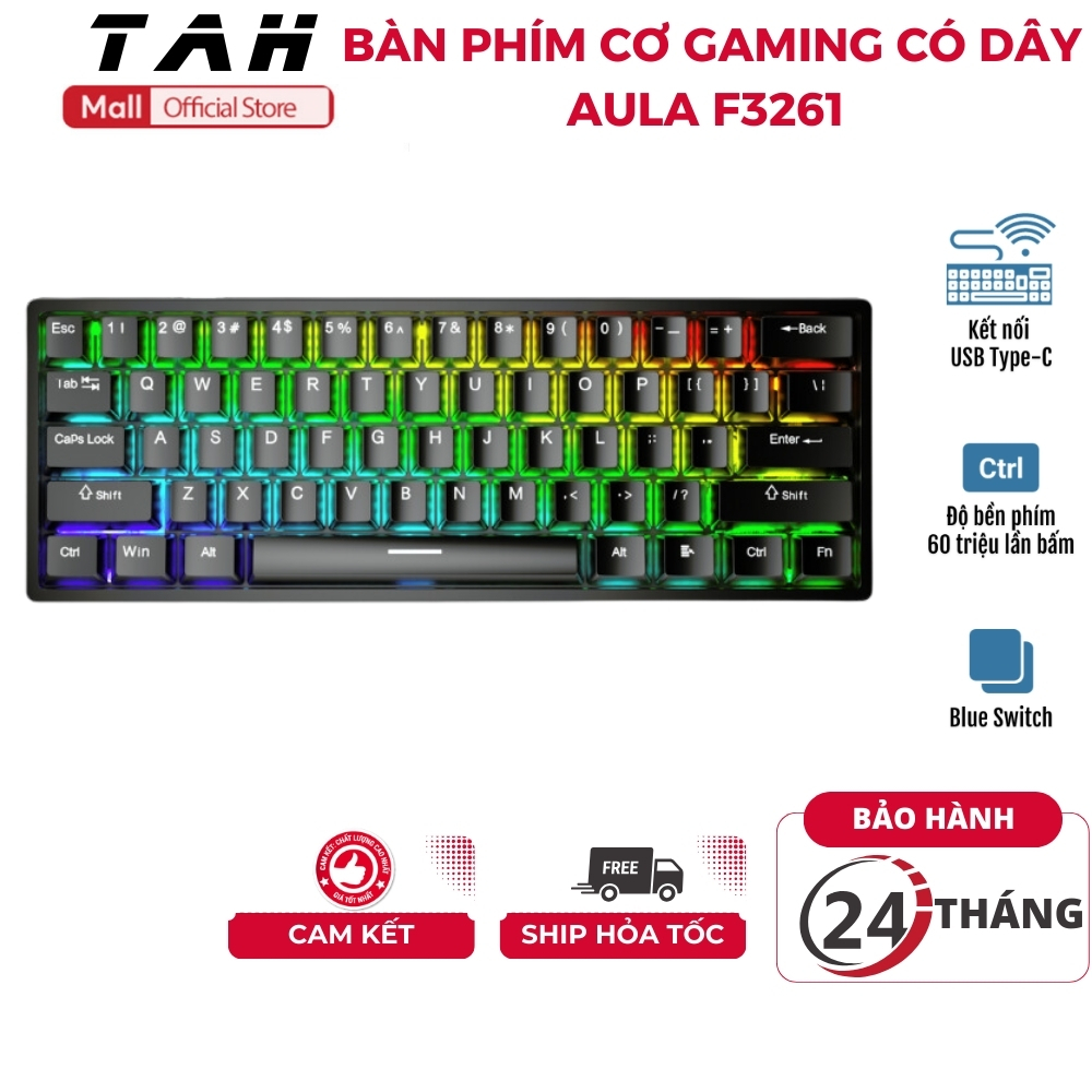 Bàn Phím Cơ Gaming AULA F3261 2 Màu Đen/Trắng, Layout 61 Phím Đèn LED Thích Hợp Cho MAC/Windows ...