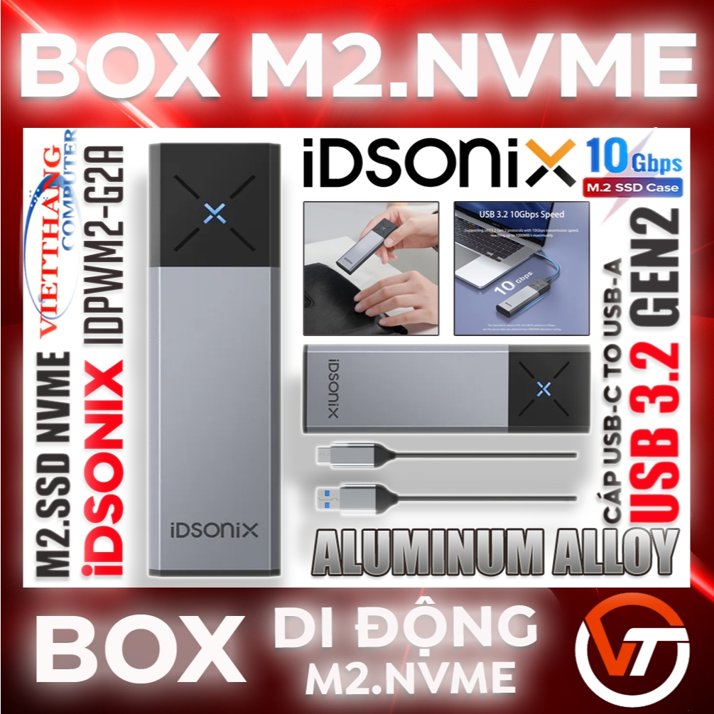 Box SSD iDSONiX Hỗ trợ SSD M2.NVMe 10Gbps USB 3.2 Gen 2 Kèm cáp TypeC ...