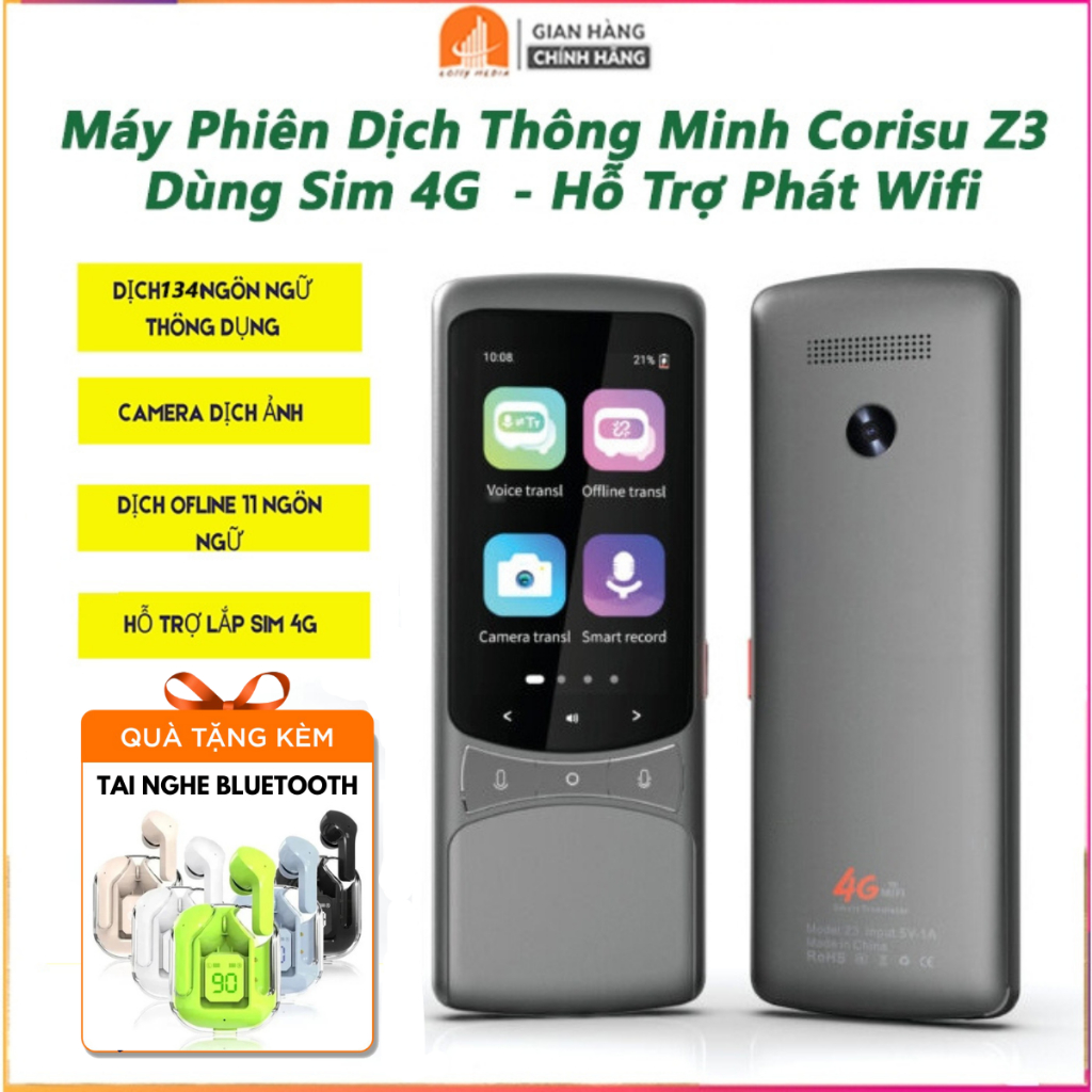 Máy phiên dịch hai chiều Corisu Z3 dùng sim 4G/wifi (Tặng kèm tai nghe) dịch offline 11 ngôn ngữ ...