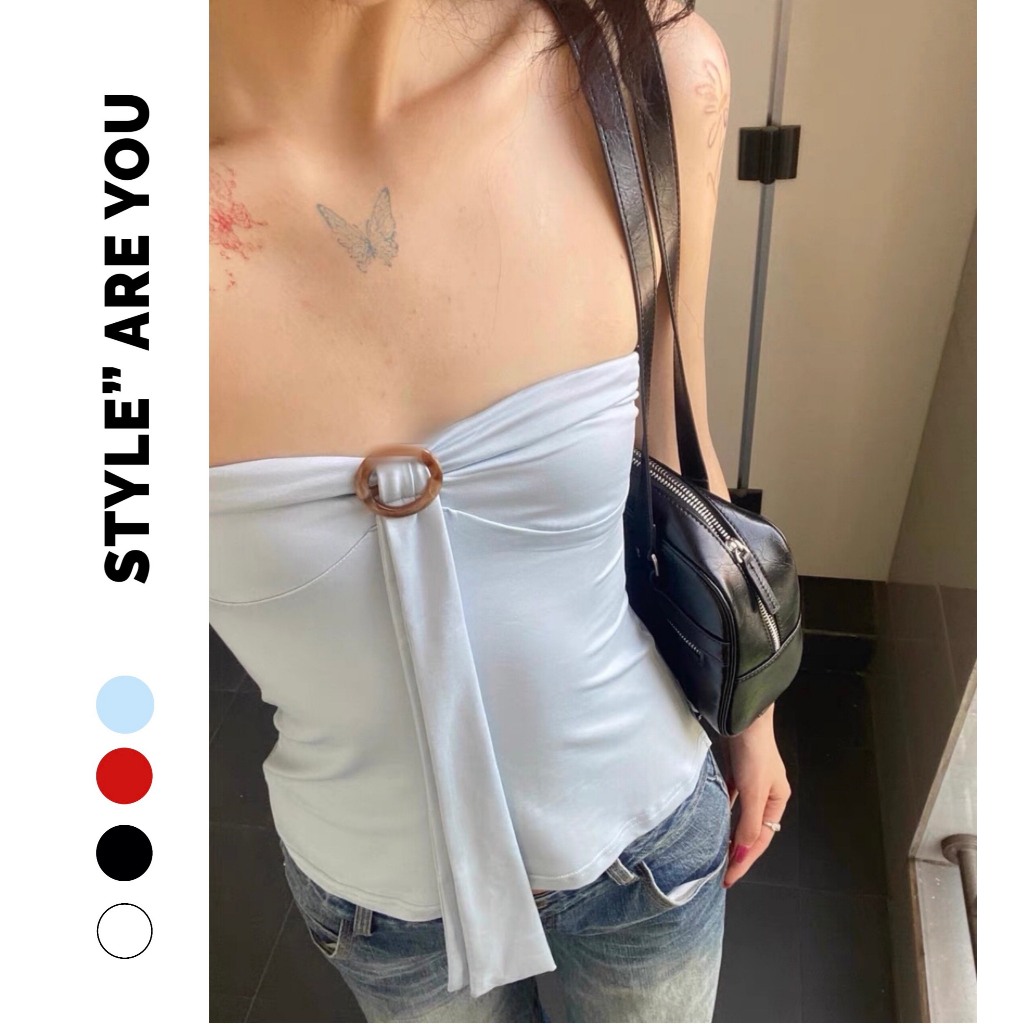 Áo kiểu nữ trễ vai cúp ngực thiết kế khuy tròn Style Are You, áo thun nữ bẹt vai chất liệu thun ...