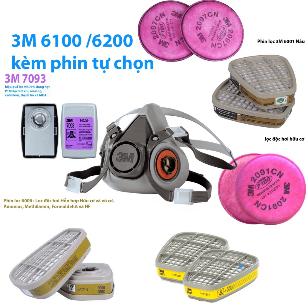 Bộ khẩu trang phòng độc 3M 6100 kèm Phin lọc 3M các loại 2091 2097 6001 đen và nâu 6003 6006 ...