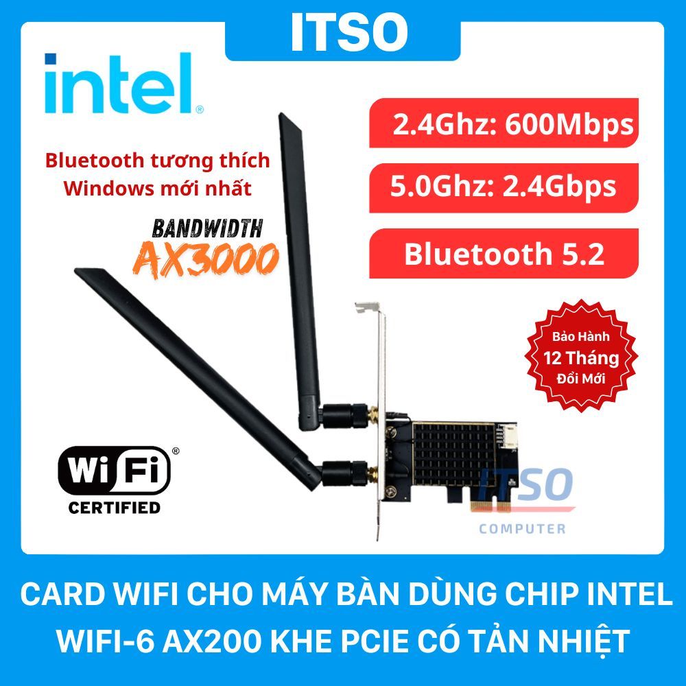 Card WIFI Intel WIFI-6 AX200 khe PCI tích hợp Bluetooth 5.2 có tản ...