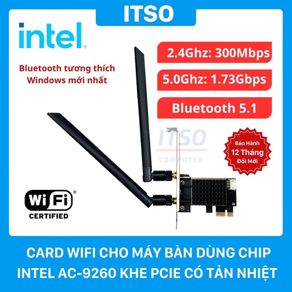Card WIFI Intel AC 9260 khe PCI tích hợp Bluetooth 5.1 có tản nhiệt ...