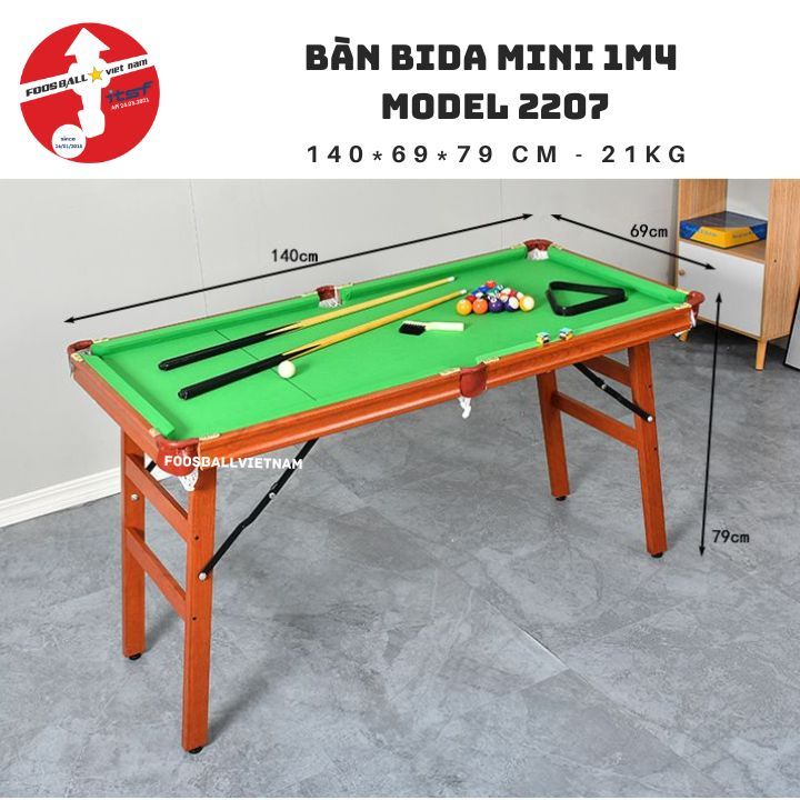 Bàn bida mini 1m4 Model 2207 giá rẻ, chân gập gọn, bi sứ, vải nỉ, gậy ...