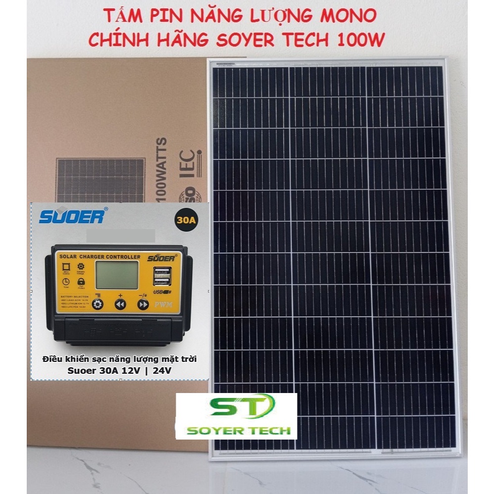 Tấm pin năng lượng mặt trời Mono 100w Tặng Sạc Souer 1230A + Jack MC4 ...