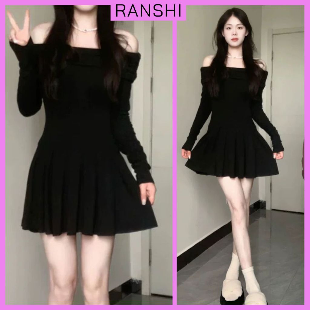 [CÓ SIZE] Đầm Body Dài Tay Trễ Vai RANSHI Thiết Kế Váy Xếp Ly Hack Dáng ...