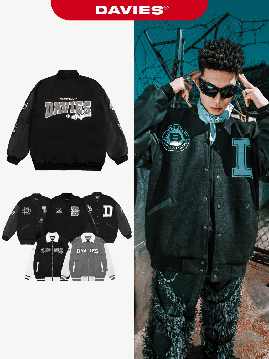 Áo khoác varsity jacket DAVIES nam nữ màu đen phối tay da form rộng ...
