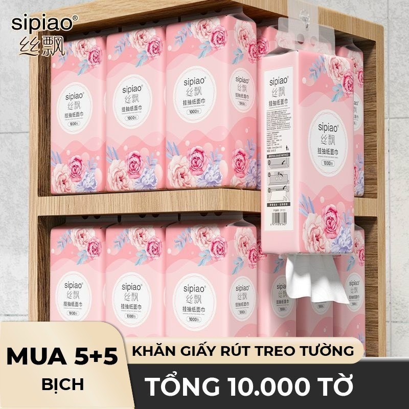 Thùng 10 bịch khăn giấy rút đa năng Sipiao treo tường hoa hồng dày 4 ...