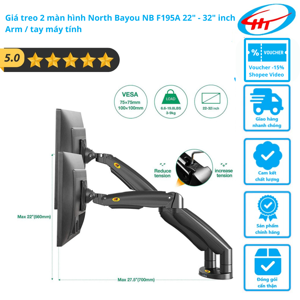 [NB F195A] Giá treo 2 màn hình North Bayou NB F195A 22" - 32" inch, arm ...