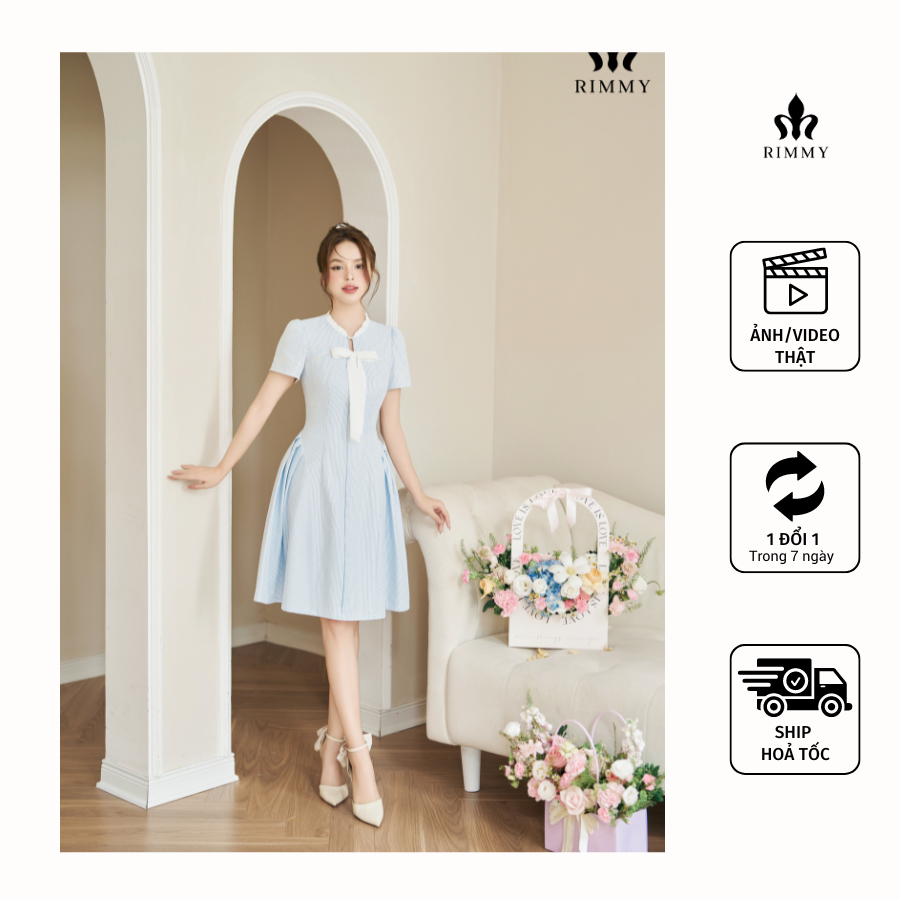 Váy đầm thiết kế tiểu thư kẻ nơ xanh trẻ trung, chất thô cotton thoáng ...