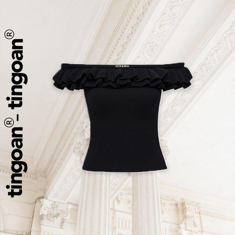 TINGOAN® - Áo len xù đen trễ vai phối hai bèo XING XING TOP/BL | Shopee Việt Nam