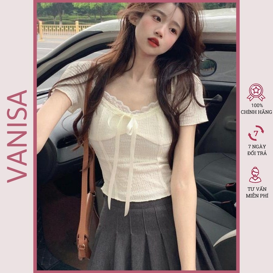 Áo croptop thắt nơ tiểu thư brandy kiểu cổ tròn viền ren xốp kem nhún tay ngắn xinh VANISA CT008 ...