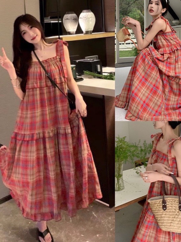 Đầm Vintage Hai Dây Buộc Vai Kẻ Đỏ Xếp Tầng Váy Hai Dây Dáng Suông ...