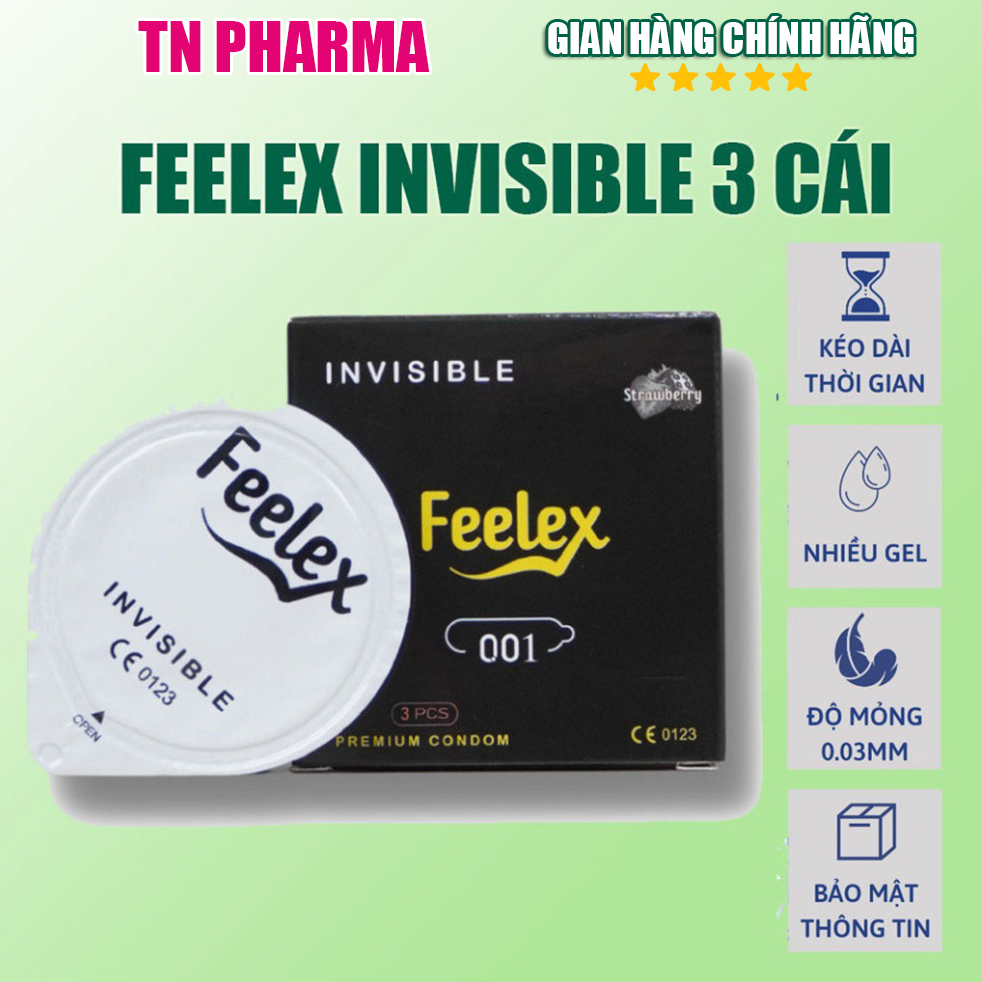 Bao cao su Feelex Invisible siêu mỏng, nhiều gel bôi trơn, hương dâu ...