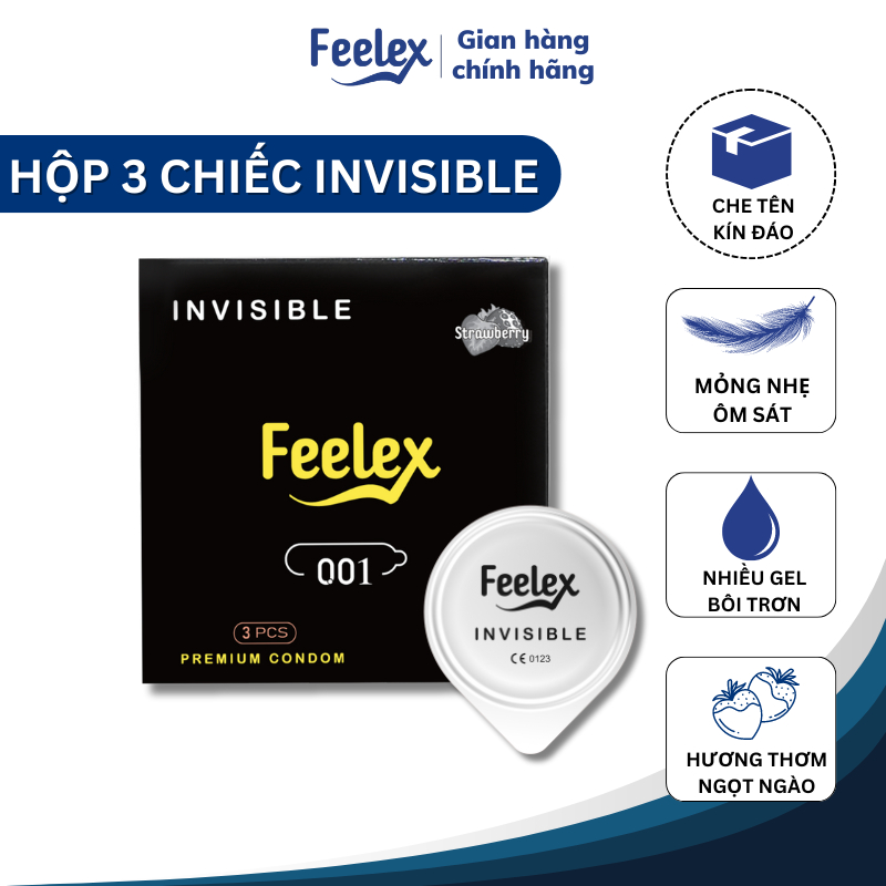 Bao cao su Feelex Invisible siêu mỏng, nhiều gel bôi trơn, hương dâu ...