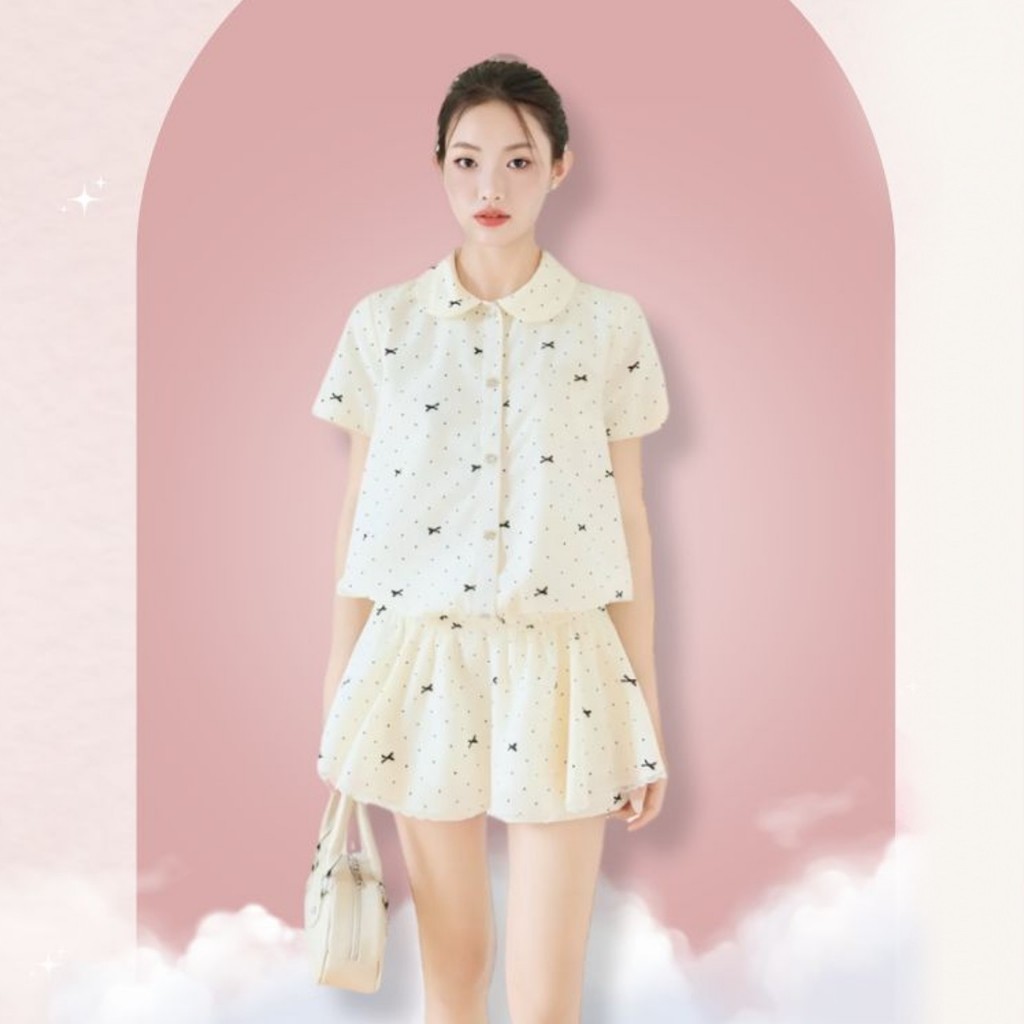 Set bộ áo kiểu sơ mi chân váy nữ xoè, jumpsuit nữ cổ sen nơ chấm bi kèm ...