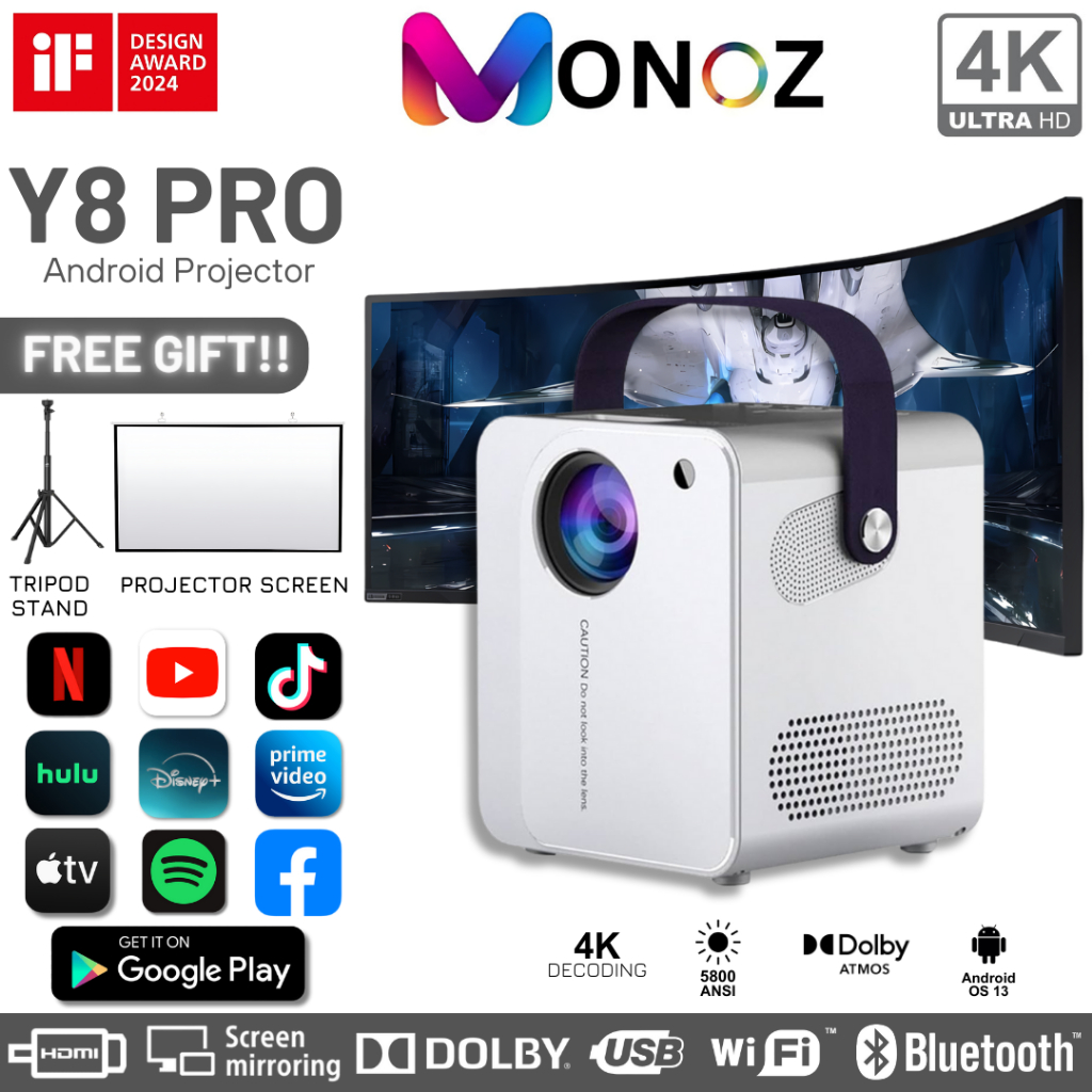 Máy chiếu Android MONOZ Y8 PRO Mini 6500 Lumens HD 1080P 4K WiFi LED ...