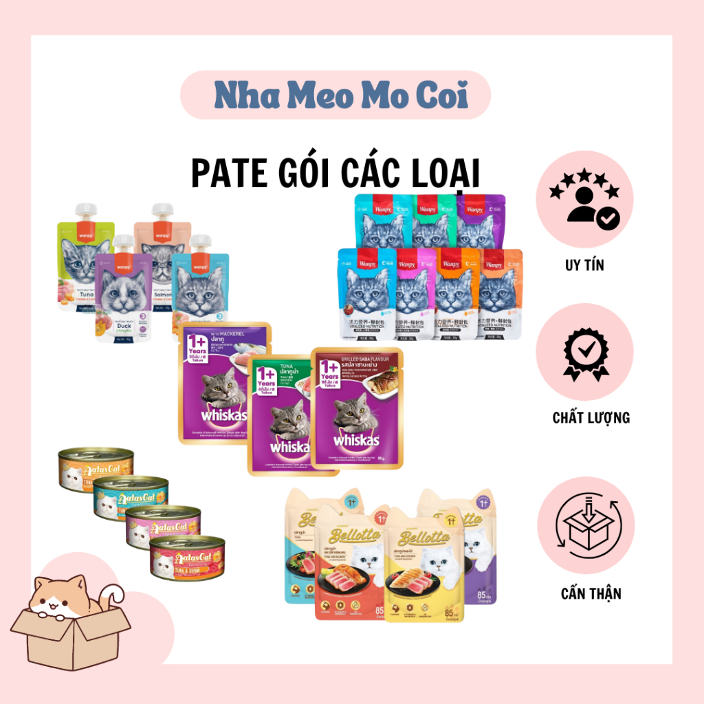 [ Thùng 12 - 24 gói ] Pate cho mèo Whiskas, Wanpy, Bellotta, Atas ...