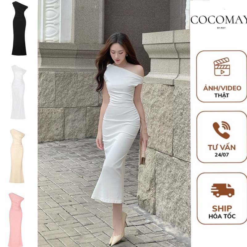 COCOMAY Đầm lệch vai basic phong cách Parisian đơn giản thanh lịch 4 màu Đen - hồng - kem ...