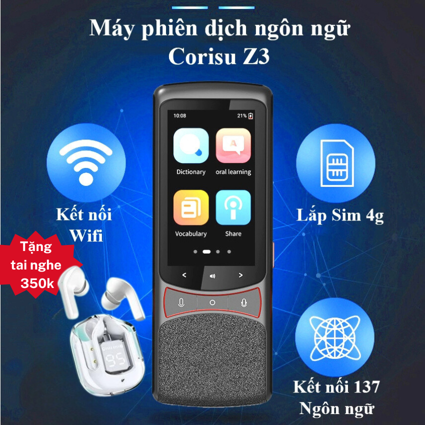 Máy phiên dịch thông minh Corisu Z3 dùng sim 4G, kết nối wifi, dịch offline 11 ngôn ngữ, hỗ trợ ...