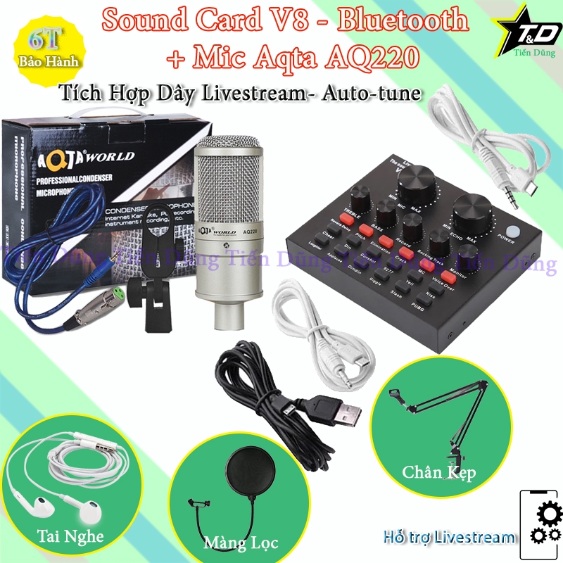 Combo mic thu âm Aqta AQ220 Sound card v8 có auto-tune chân màng tai ...